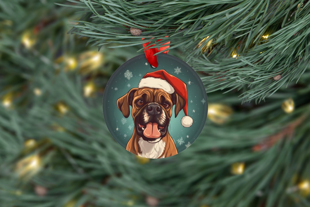 Boxer Dog With Santa Hat Ornament With Ribbon Acrylic Christmas Tree ...