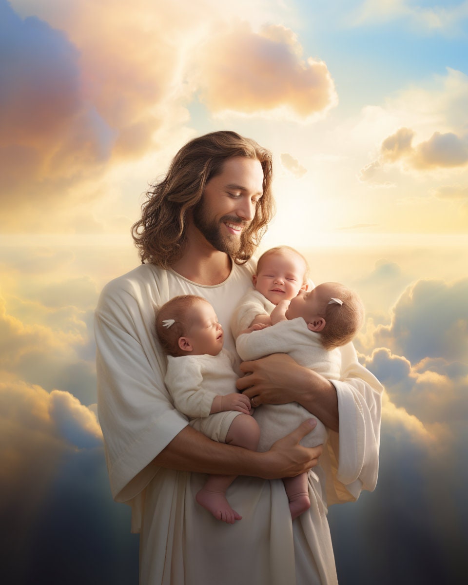 Jesus Holding Triplets Acrylic Print - Jesus Holding Babies in Heaven ...