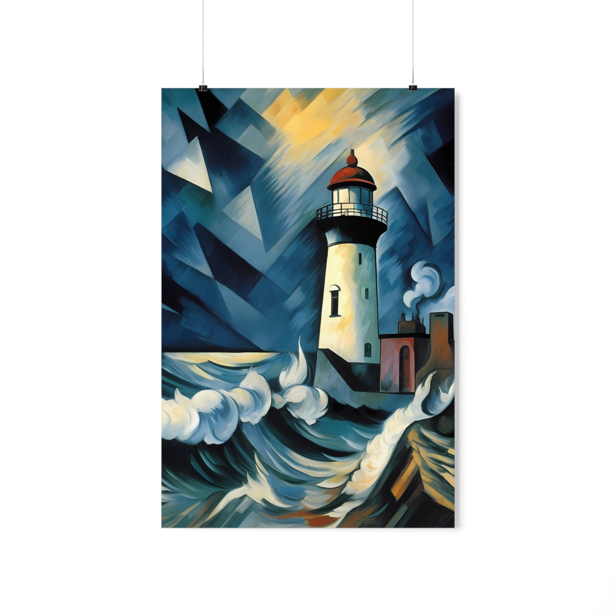 Lighthouse Poster Swirling Cubist Lighthouse AI Wall Art Beach House ...