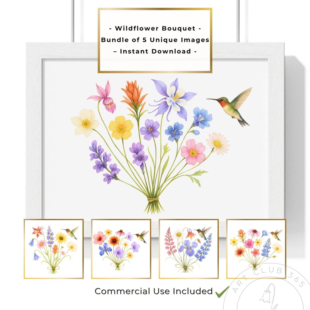 Wildflower Bouquet Clipart: Hummingbird Floral PNG Bundle (digital ...