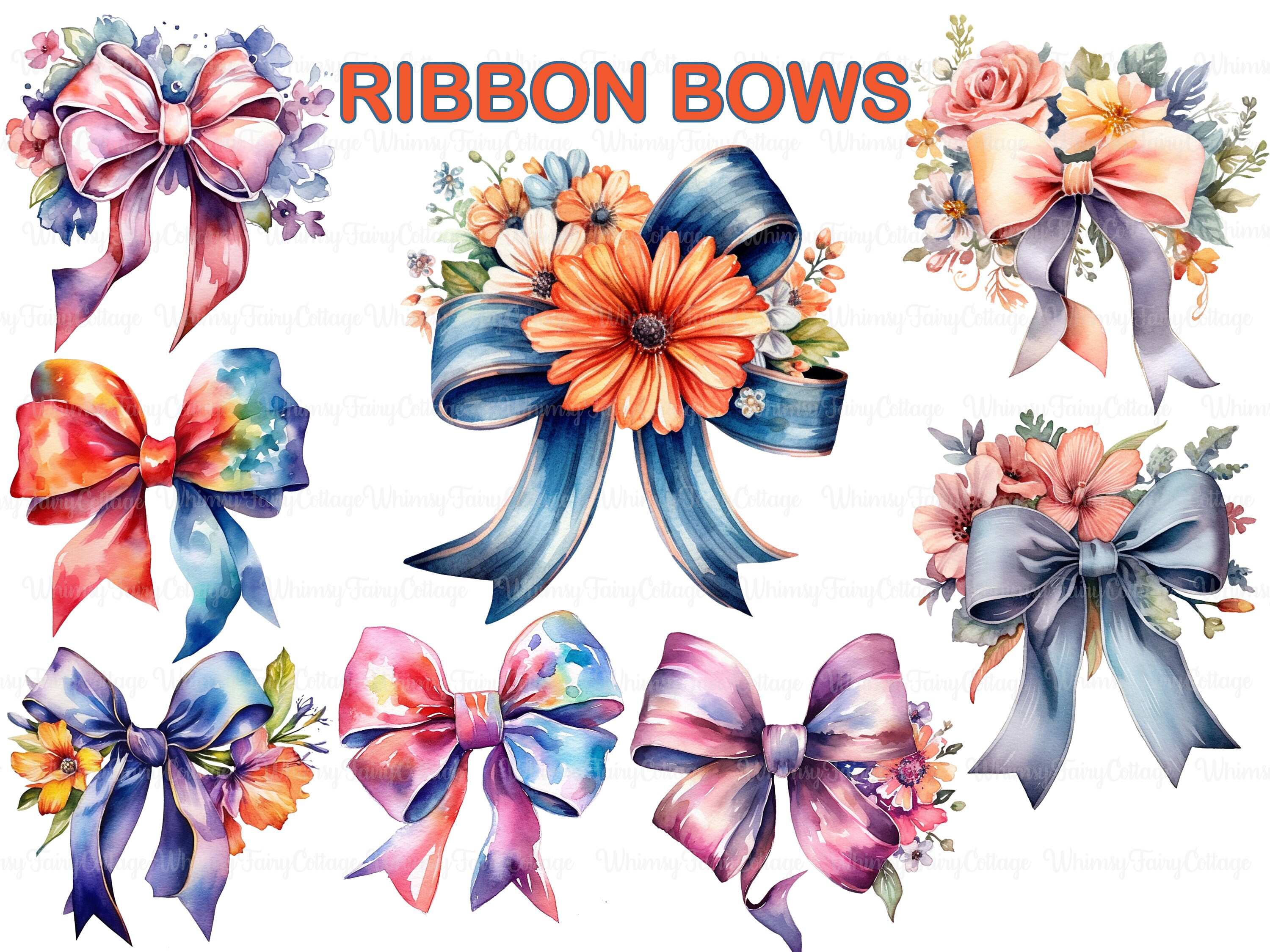 Ribbon Bows Clipart PNG, Floral Hair Bow Border Cardmaking Scrapbooking ...