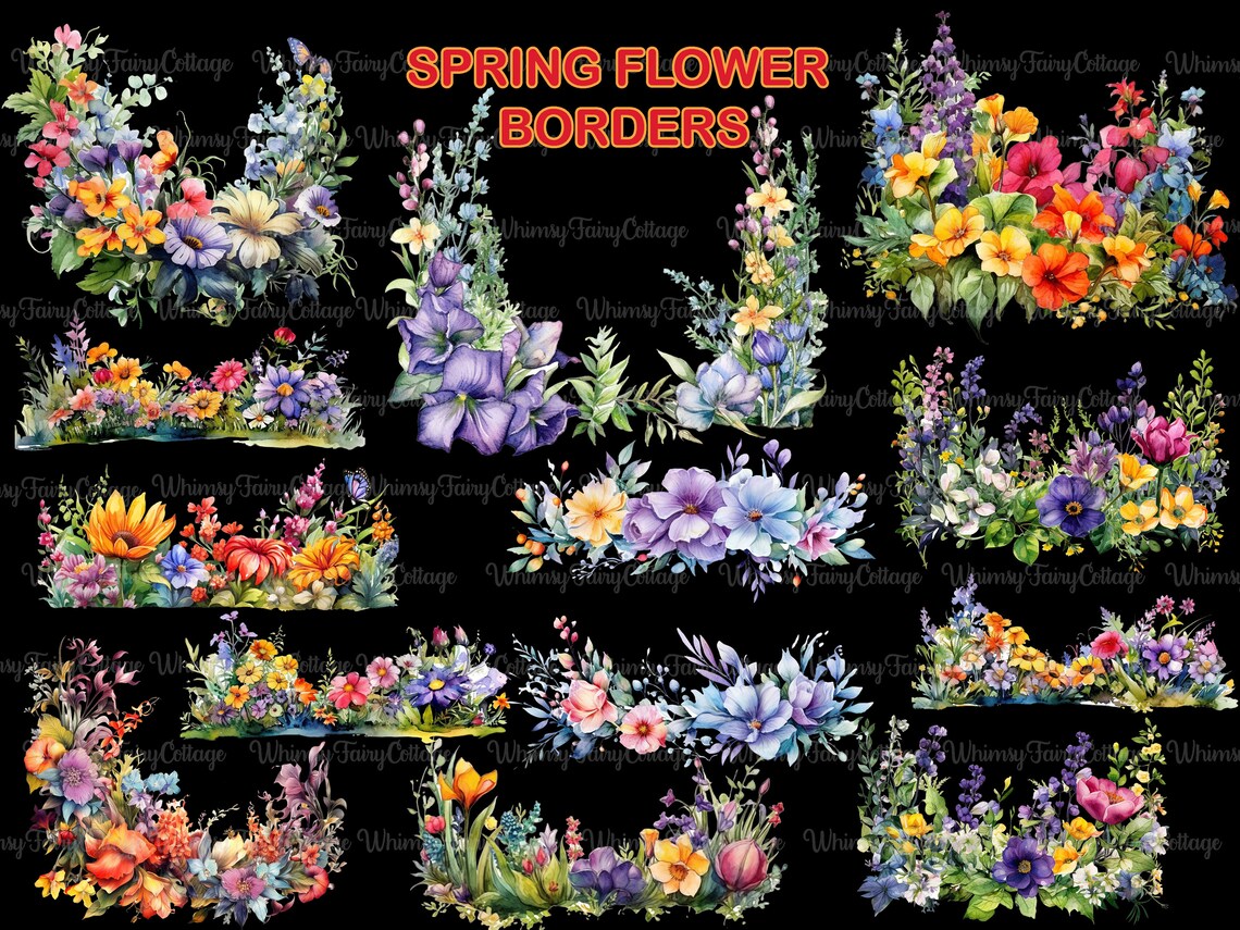12 Spring Flower Border Clipart, Watercolor Vibrant Flowers PNG ...