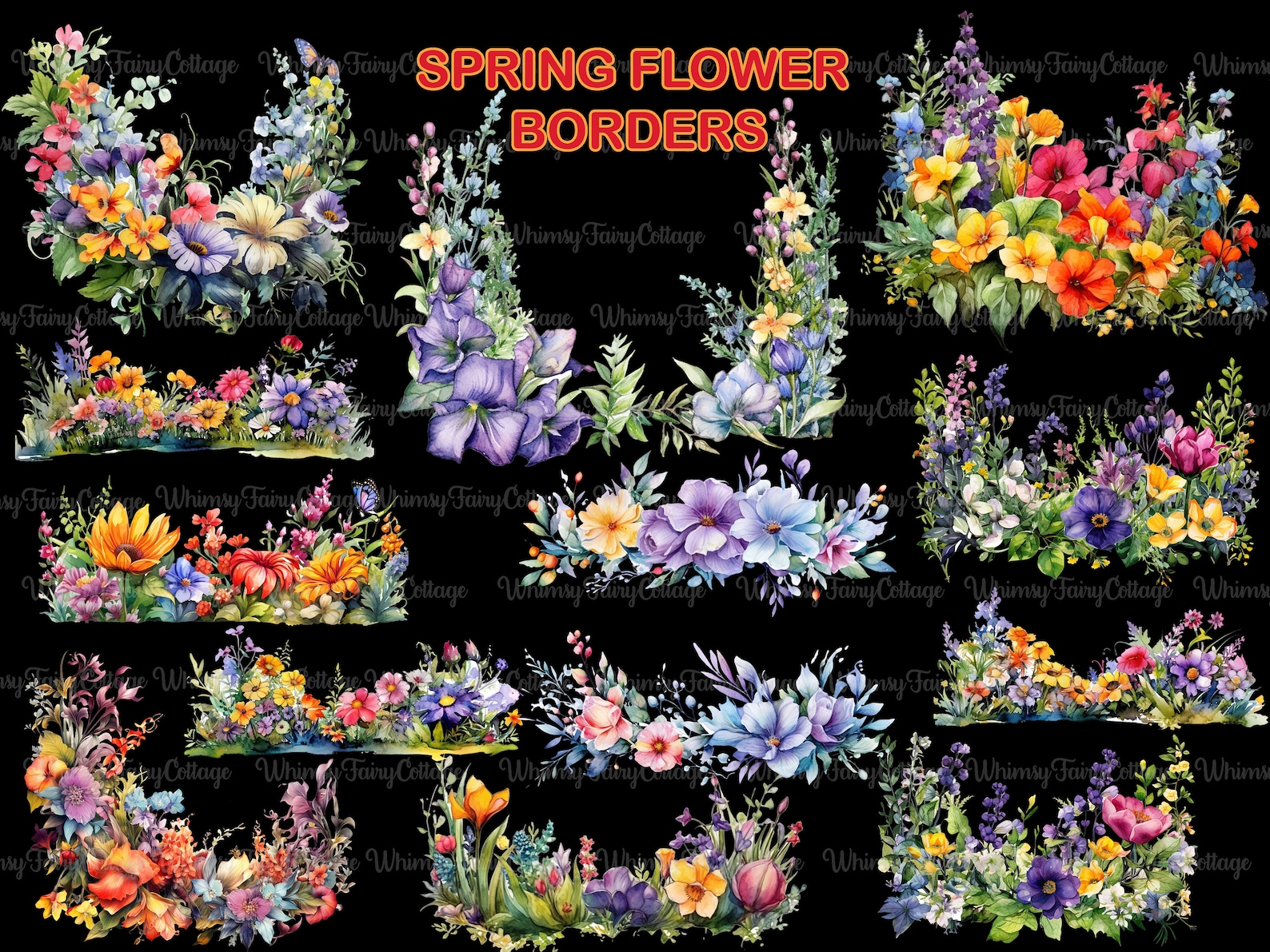 12 Spring Flower Border Clipart, Watercolor Vibrant Flowers PNG ...