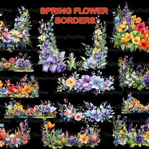 12 Spring Flower Border Clipart, Watercolor Vibrant Flowers PNG ...