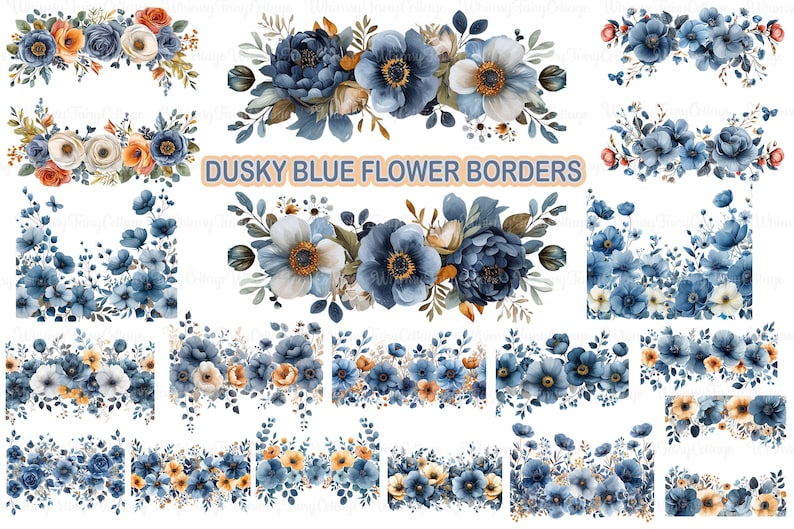 Dusky Blue Flowers Border PNG Clipart, Faded Blue Blooms Digital Clip ...
