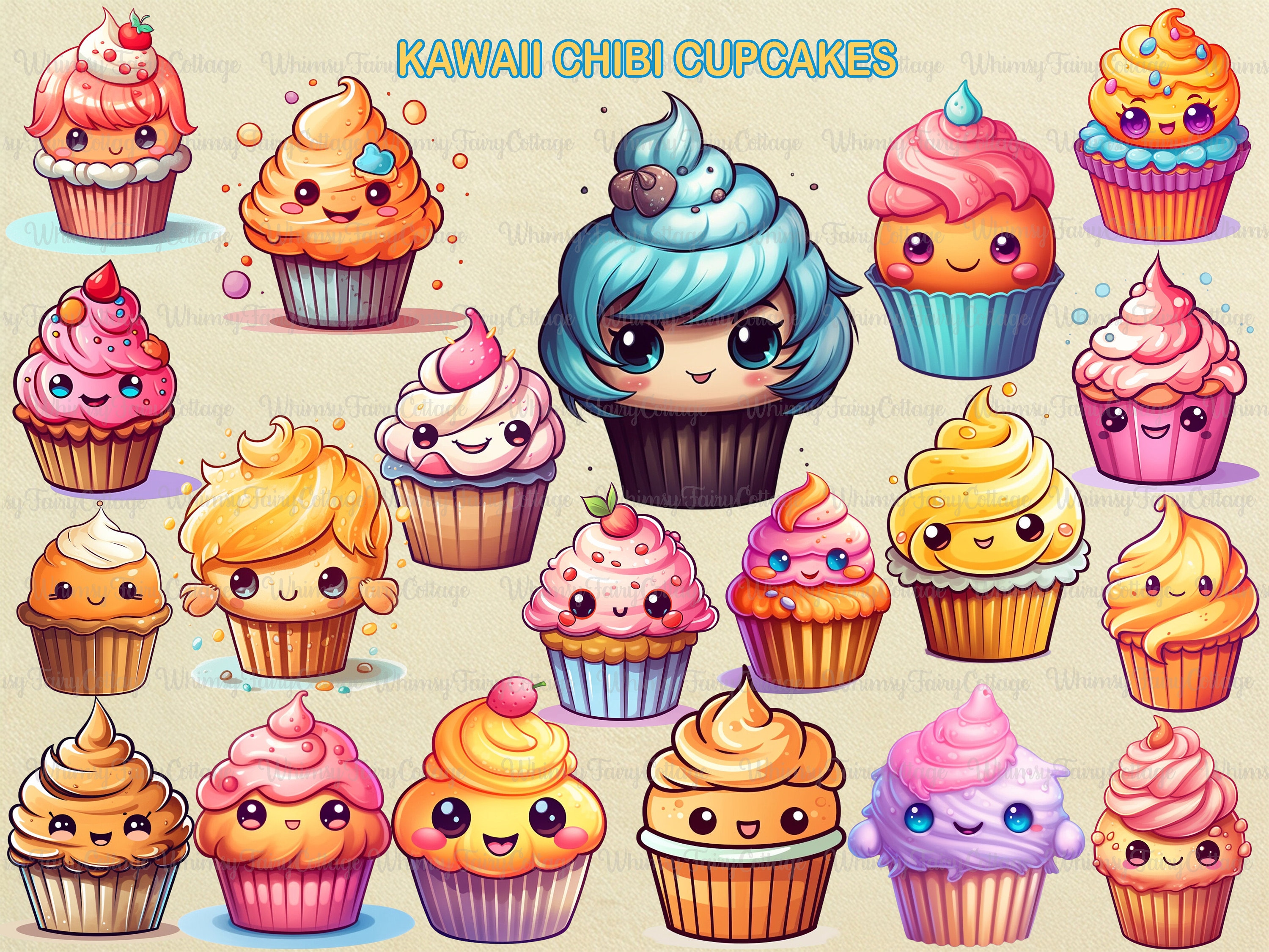 20 Cupcake Clipart Cute Kawaii Cupcakes PNG Chibi Happy - Etsy