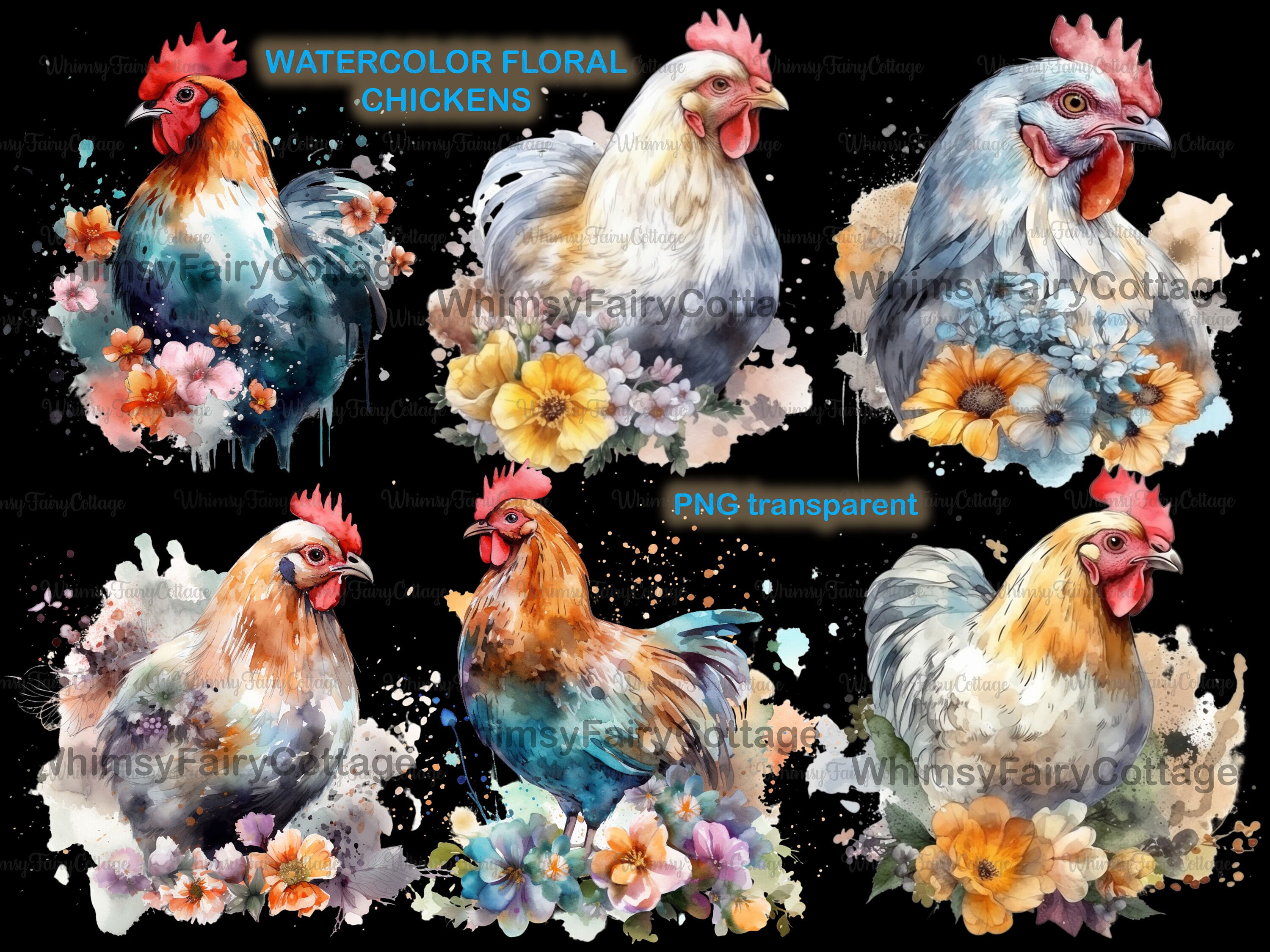6 Watercolor Floral Chickens Clipart PNG Sublimation - Etsy UK