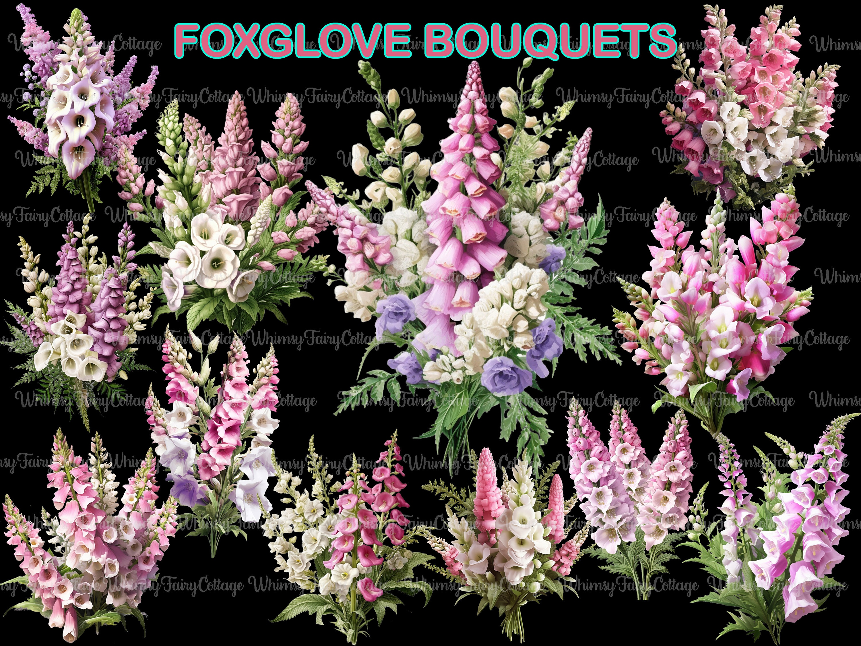 Foxglove Bouquet Clipart, 12 Foxgloves Pink White Flowers PNG ...