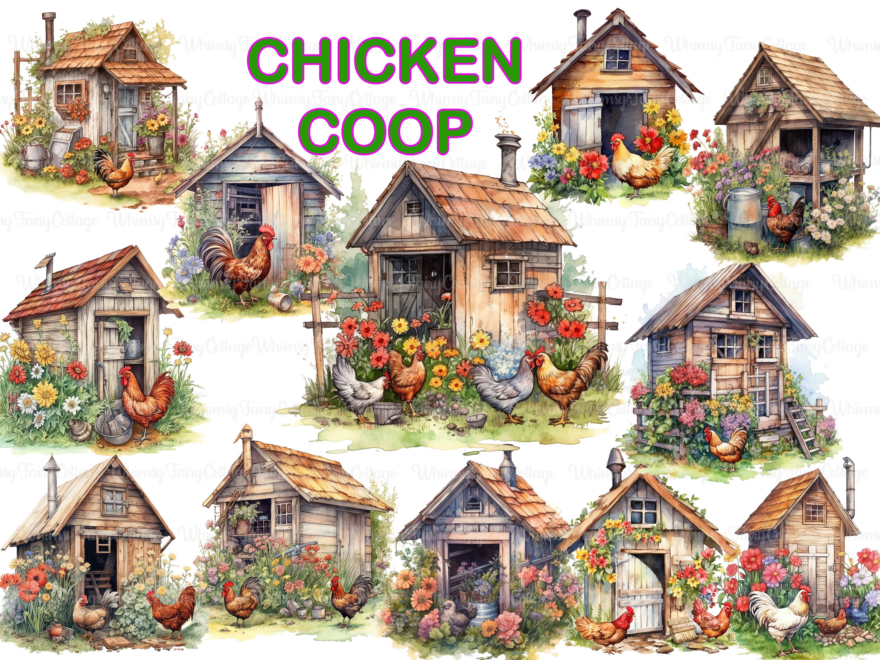 12 Watercolor Chicken Coop Clipart, Sublimation Chickens PNG, Farm ...