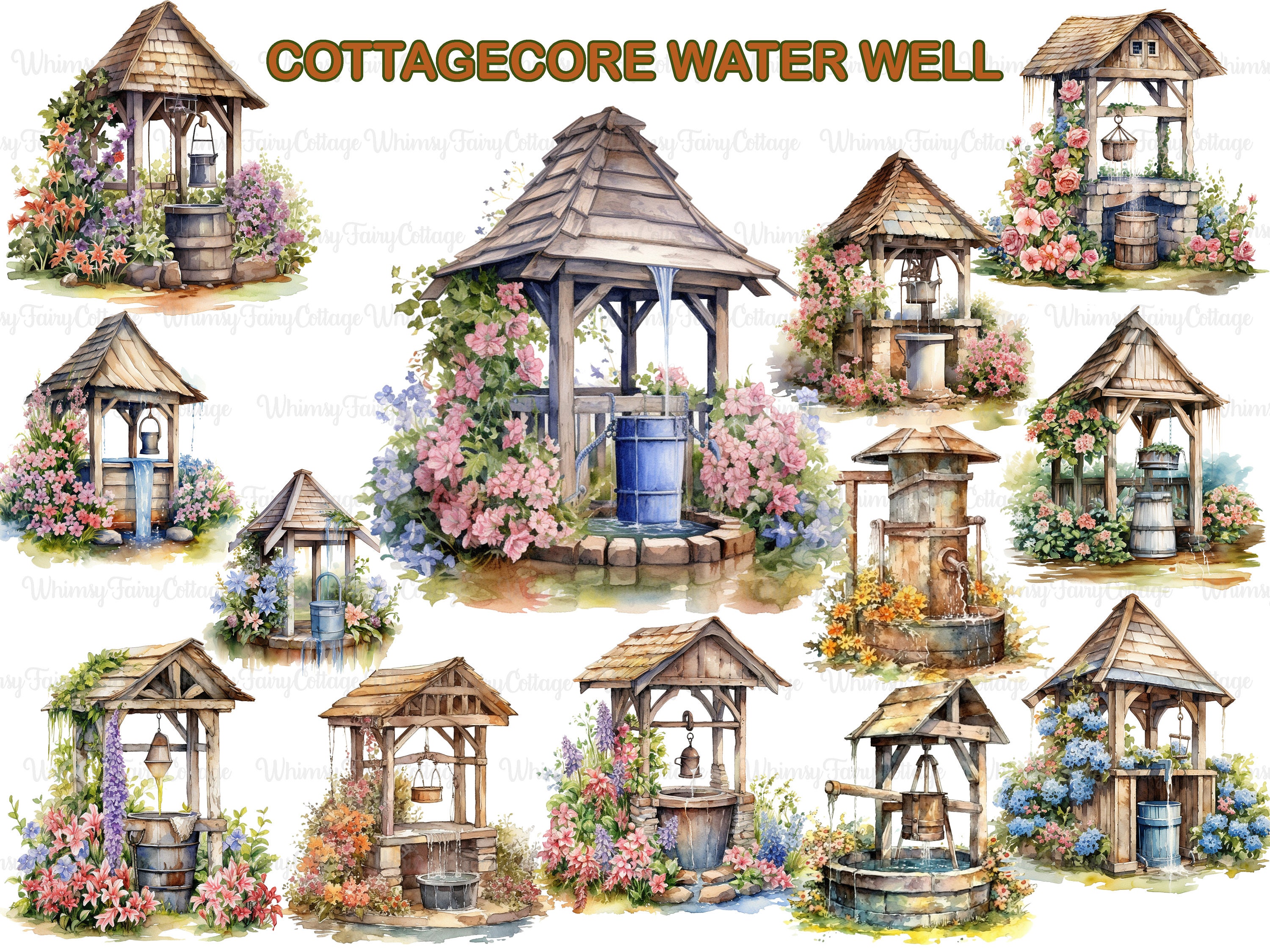 Cottagecore Water Well Clipart PNG Transparent, Flower Garden Water ...