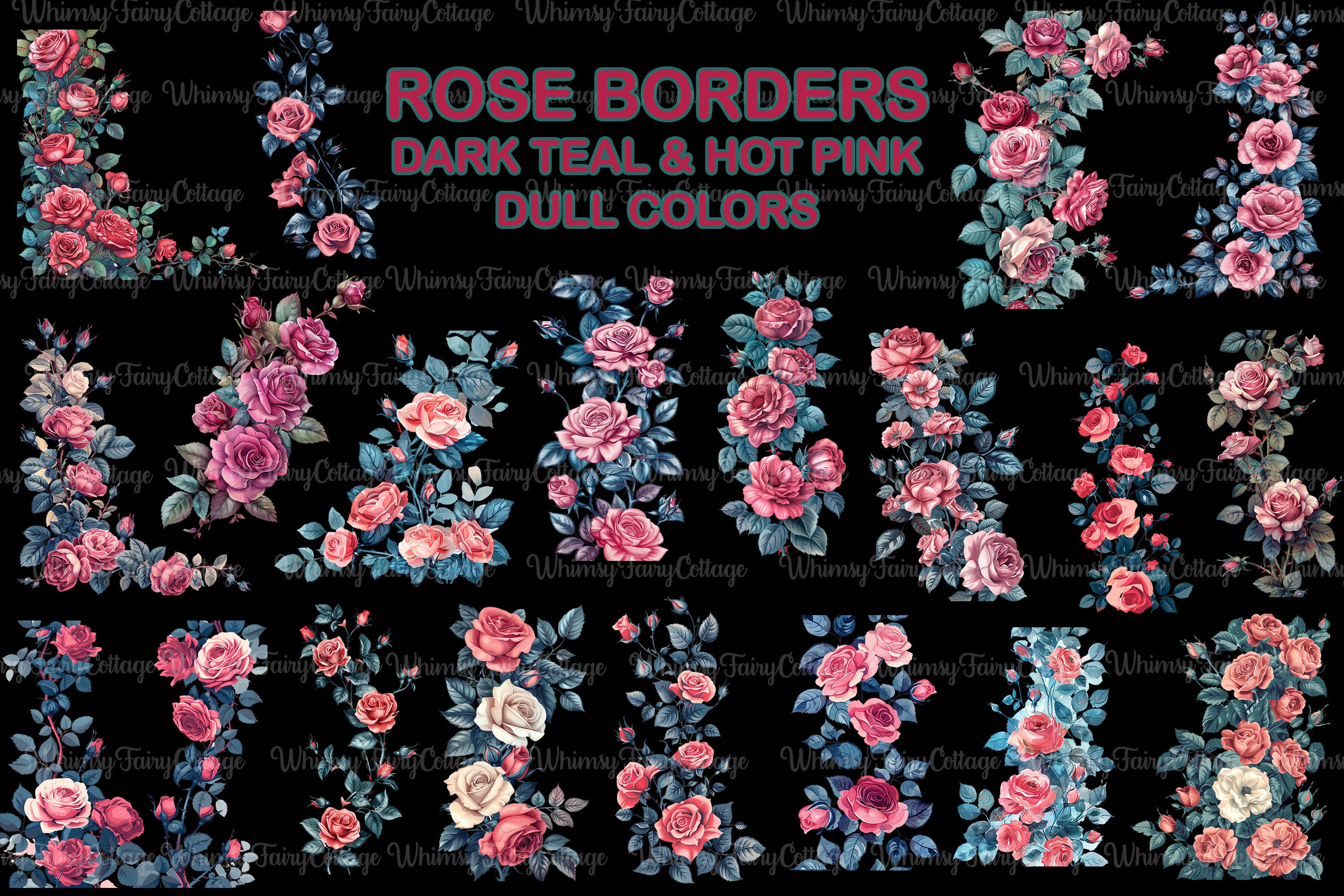 Rose Border Clipart PNG Transparent, Hot Pink and Dark Teal Dull Colors ...