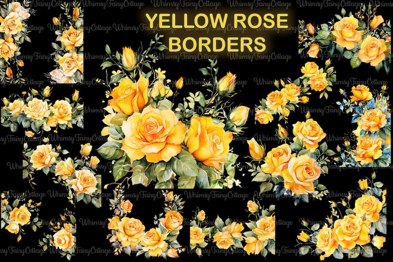 Watercolor Yellow Roses Border Clipart: Floral PNG (digital Download ...