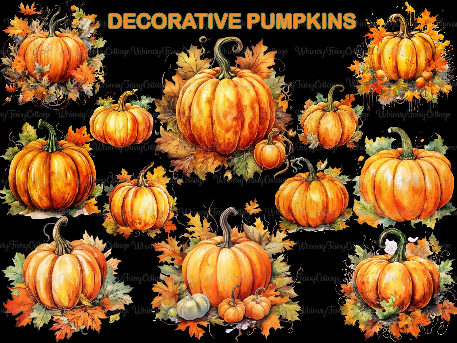 Decorative Fall Pumpkin Clipart Watercolor Pumpkins PNG - Etsy