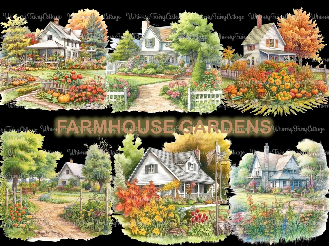 12 Farmhouse Gardens Watercolor Clipart, PNG Transparent Digital ...