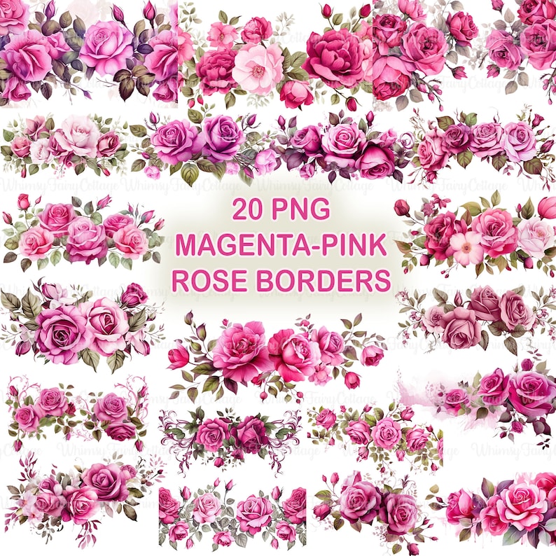 20 PNG Rose Border Clipart, Magenta Pink Roses Clip Art Flower Banner ...
