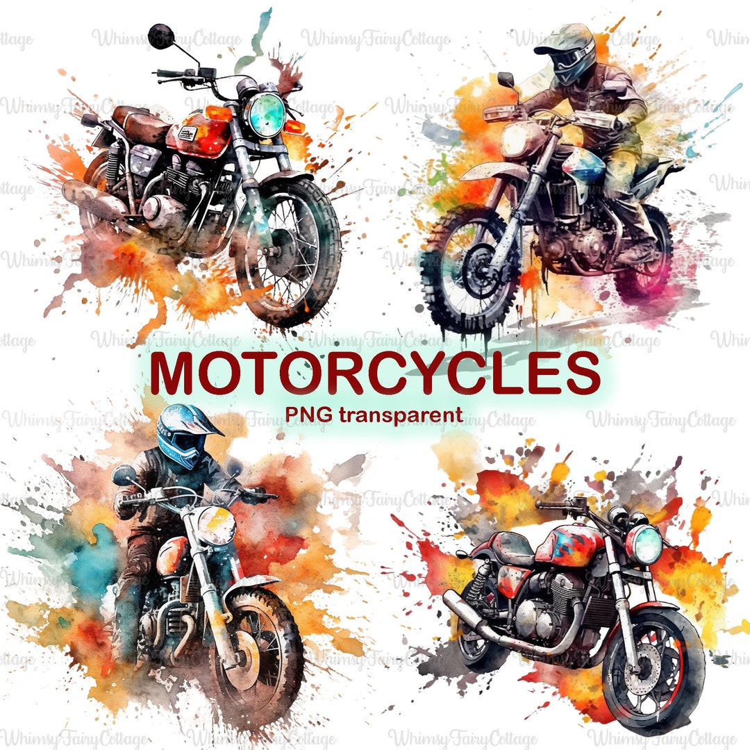 4 Watercolor Motorcycles Clipart PNG Digital Download - Etsy