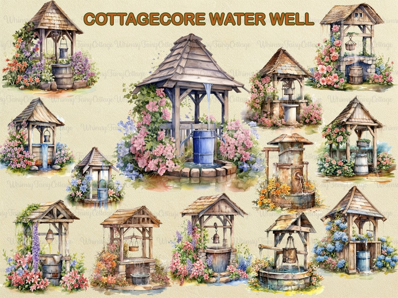 Cottagecore Water Well Clipart PNG Transparent, Flower Garden Water ...