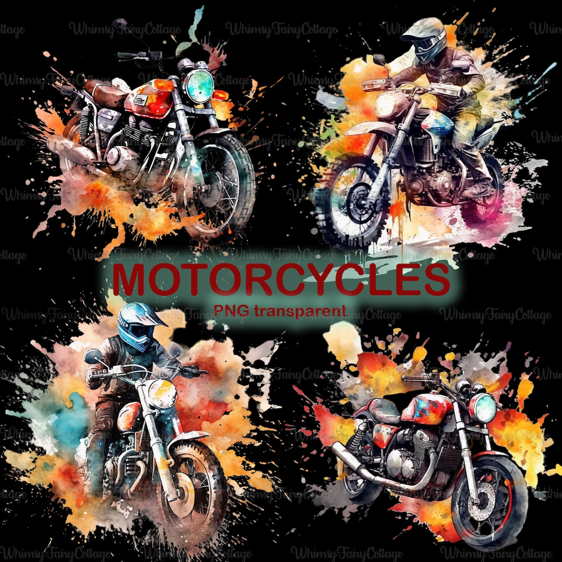 4 Watercolor Motorcycles Clipart PNG Digital Download - Etsy