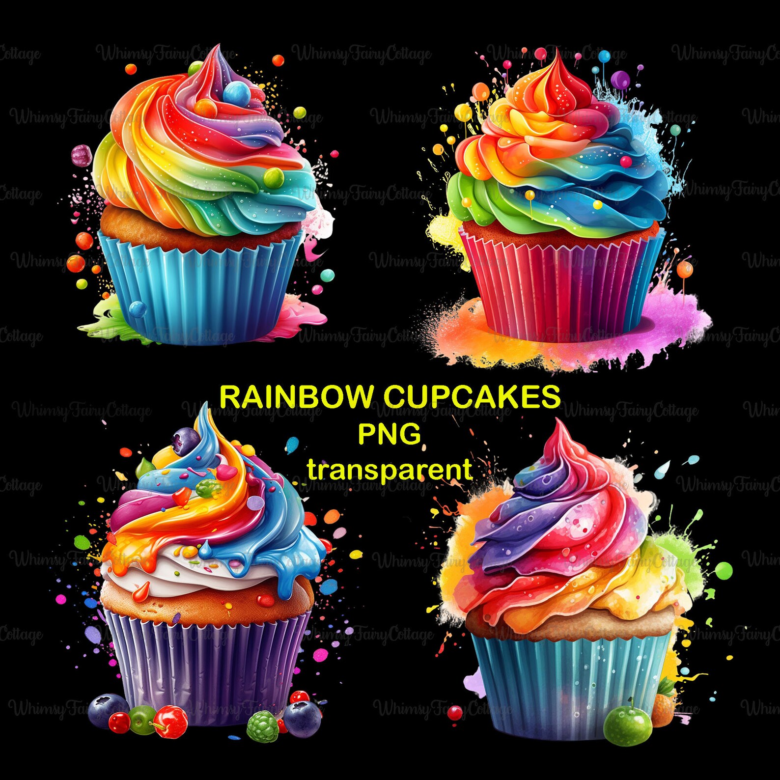 4 Rainbow Cupcakes Clipart, Birthday Cupcake, Party Cupcakes Clipart ...