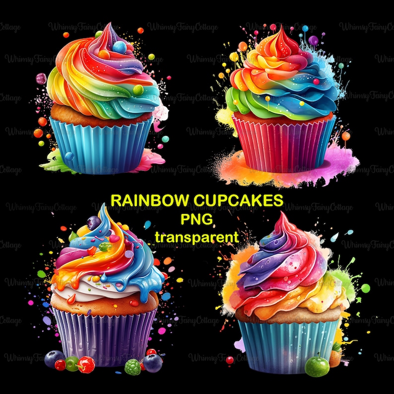 4 Rainbow Cupcakes Clipart, Birthday Cupcake, Party Cupcakes Clipart ...