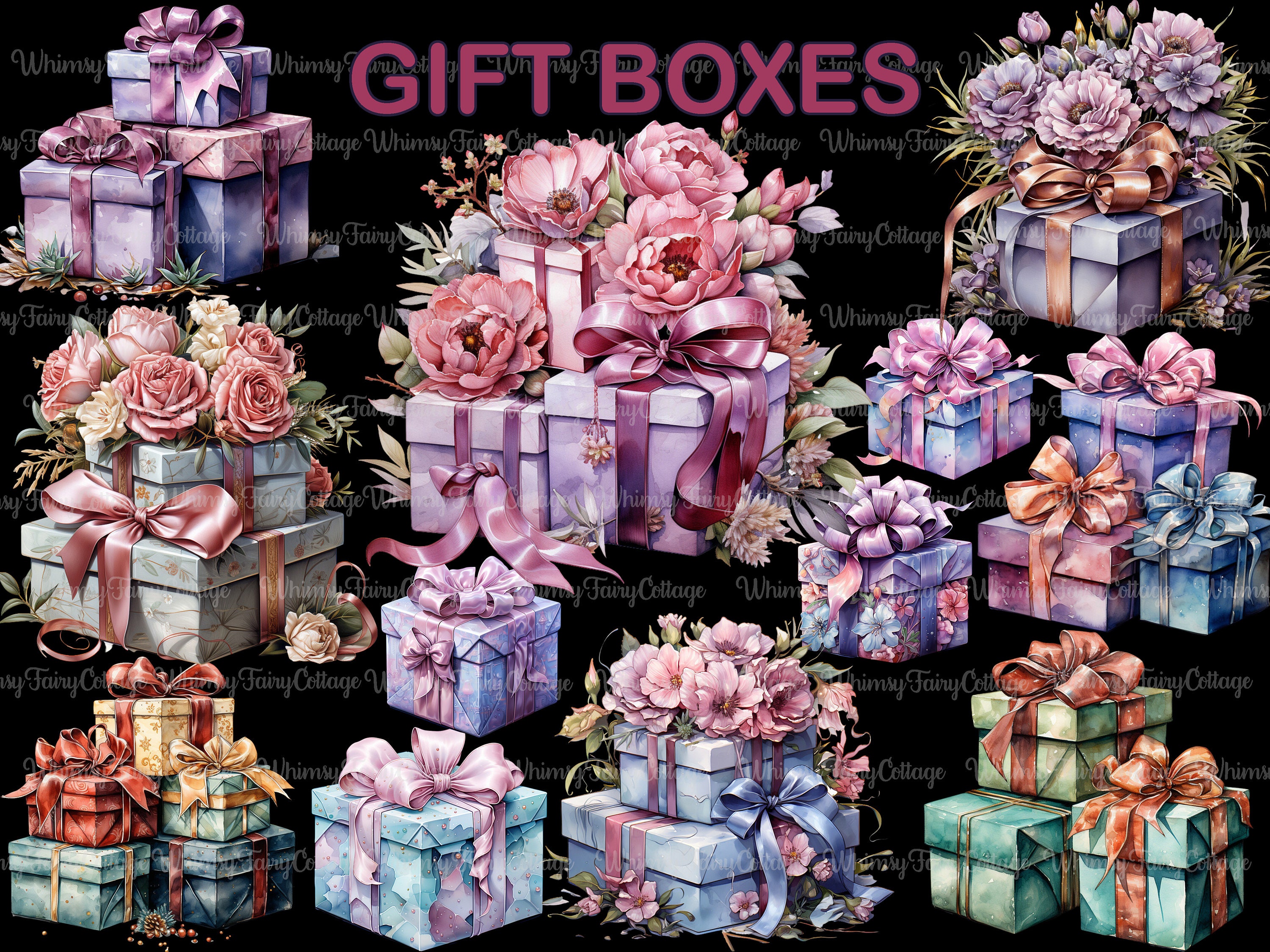 Watercolor Gift Boxes Clipart, 12 PNG Gift Boxes With Ribbons, Stacked ...