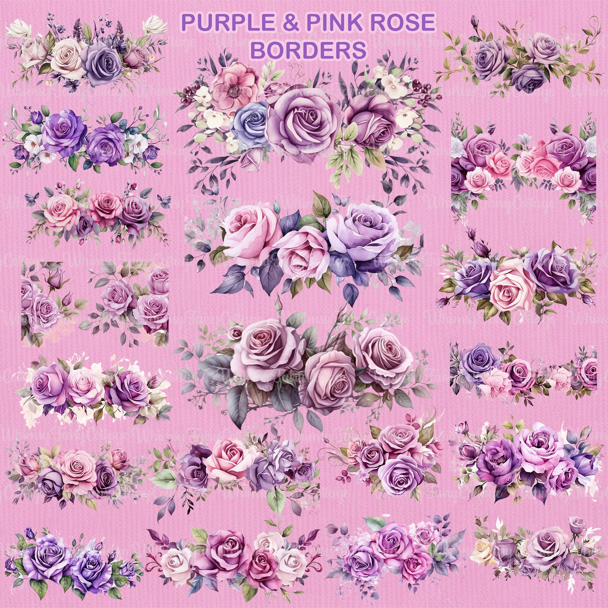 20 Purple and Pink Roses Border Clipart PNG, Bridal Cardmaking Floral ...