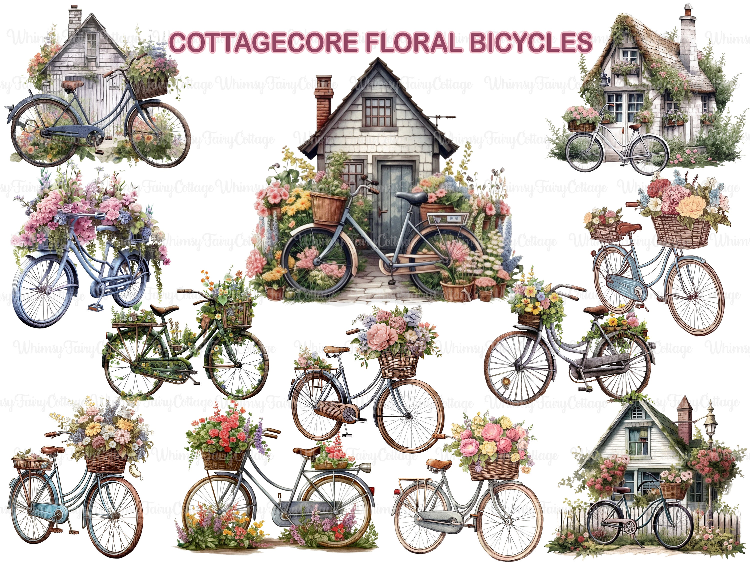 Cottagecore Floral Bicycle Clipart, Flower Garden Bicycles PNG ...