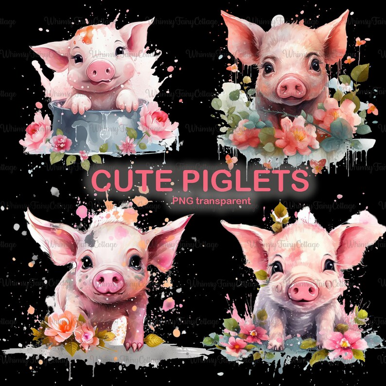 Watercolor Cute Piglets Clipart, Floral Baby Pigs Clipart, Sublimation ...