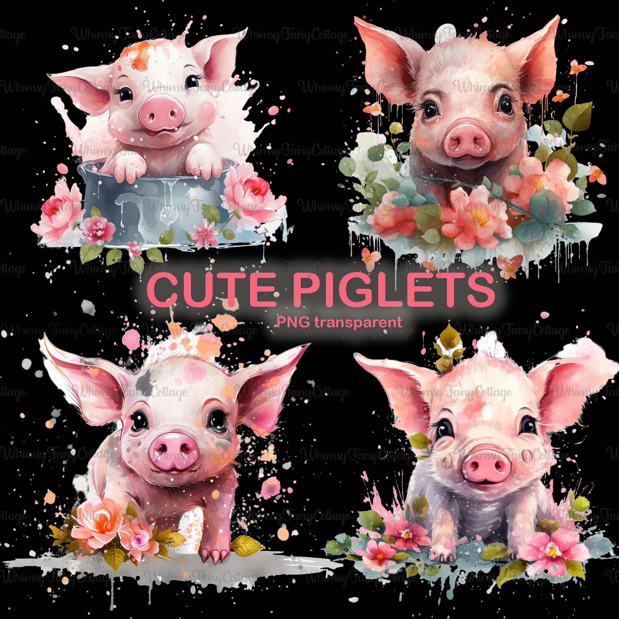 Watercolor Cute Piglets Clipart, Floral Baby Pigs Clipart, Sublimation ...