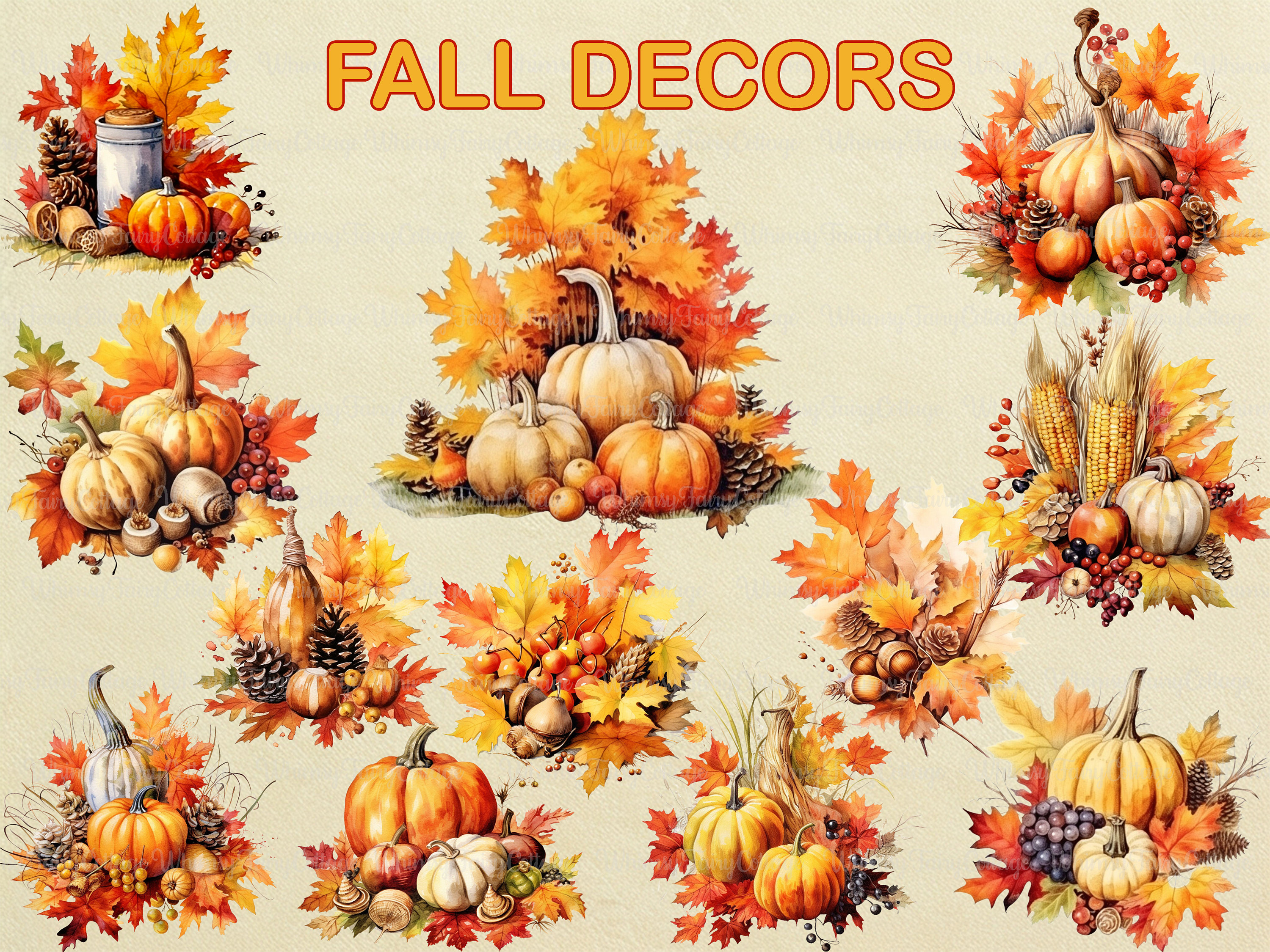 Watercolor Fall Decorations Clipart 12 Autumn Decor Clipart - Etsy