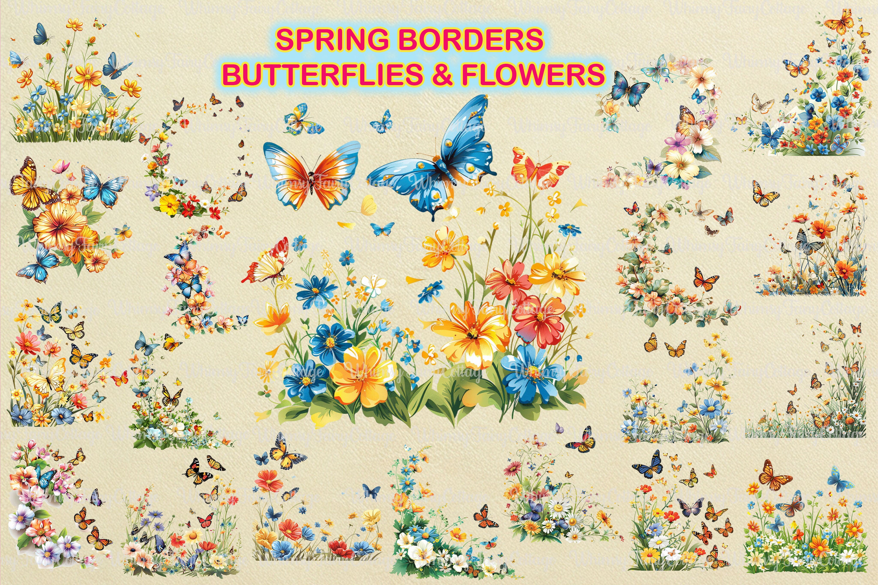 20 Spring Butterflies and Flowers Border Clipart PNG Transparent ...
