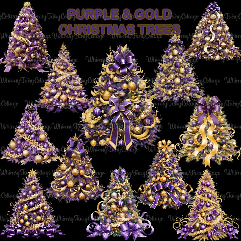 Purple and Gold Christmas Tree Clipart PNG Transparent, Christmas Card ...