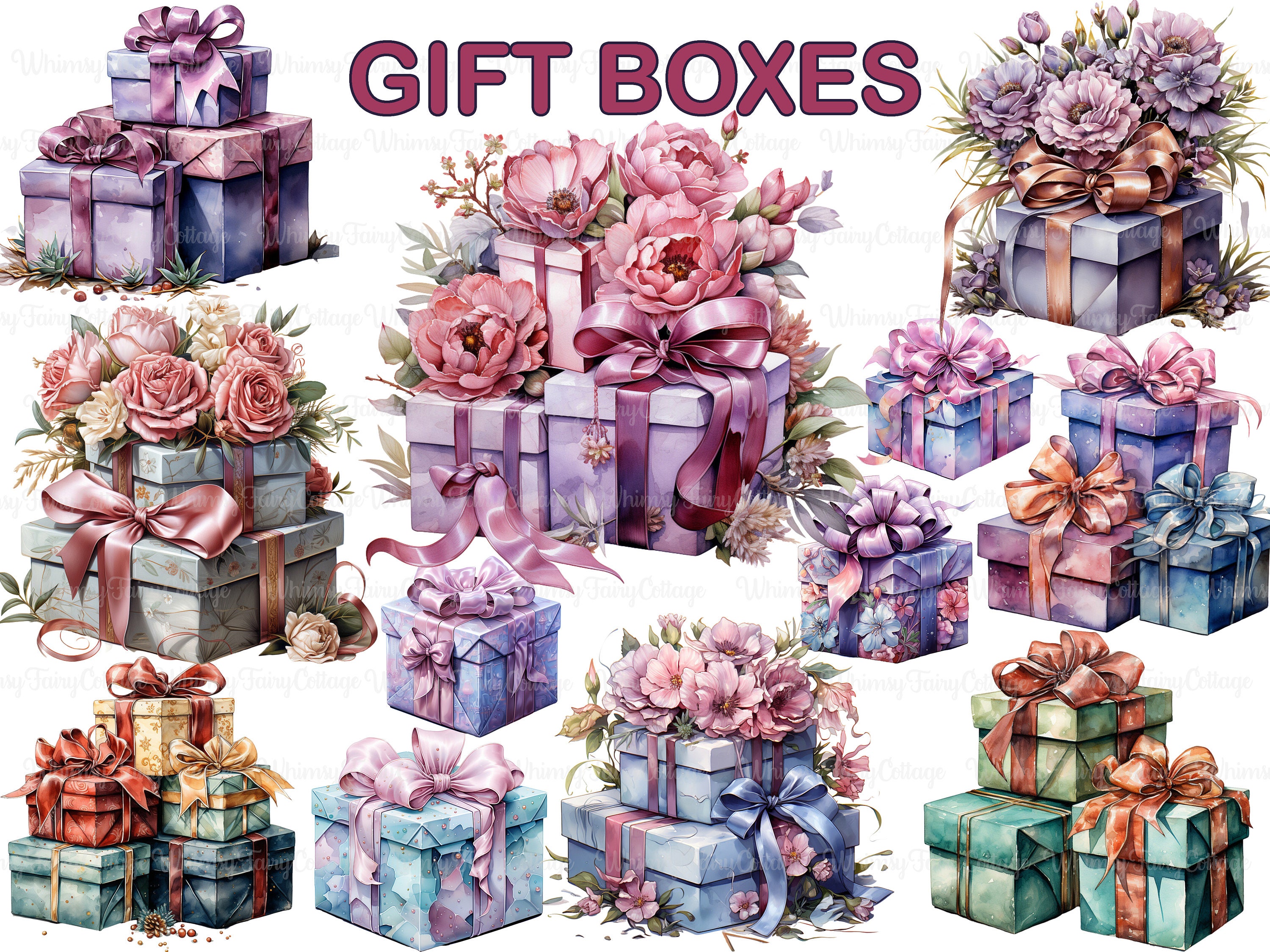 Watercolor Gift Boxes Clipart, 12 PNG Gift Boxes With Ribbons, Stacked ...