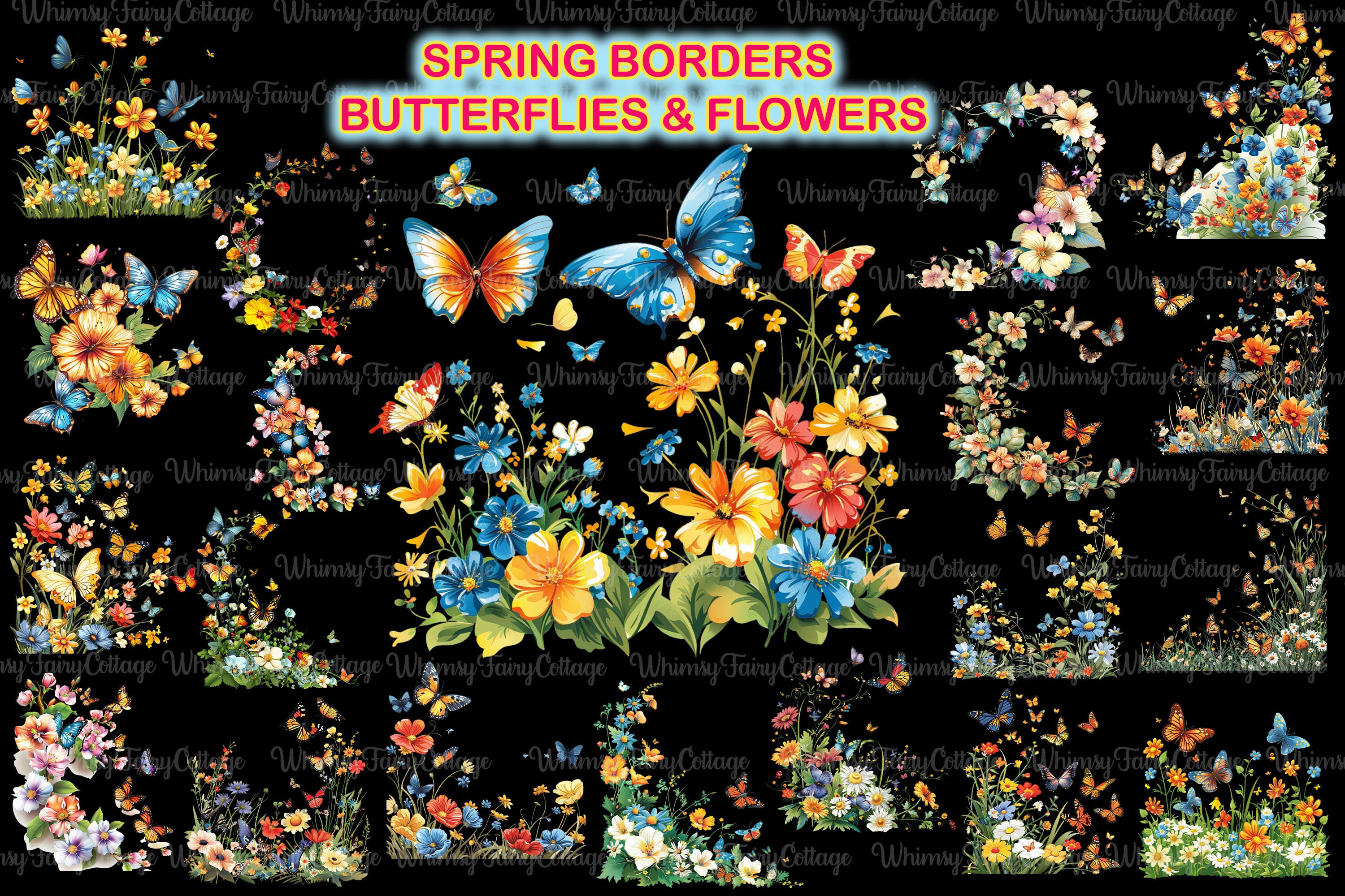 20 Spring Butterflies and Flowers Border Clipart PNG Transparent ...