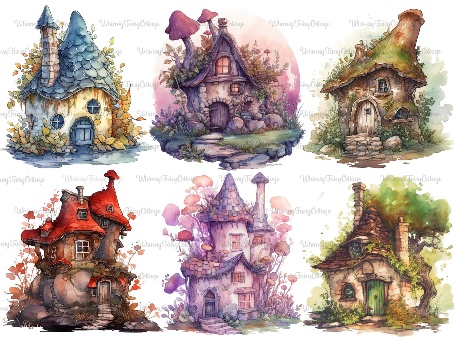 6 Watercolor Fairy Houses Clipart PNG Mushroom Stone House - Etsy