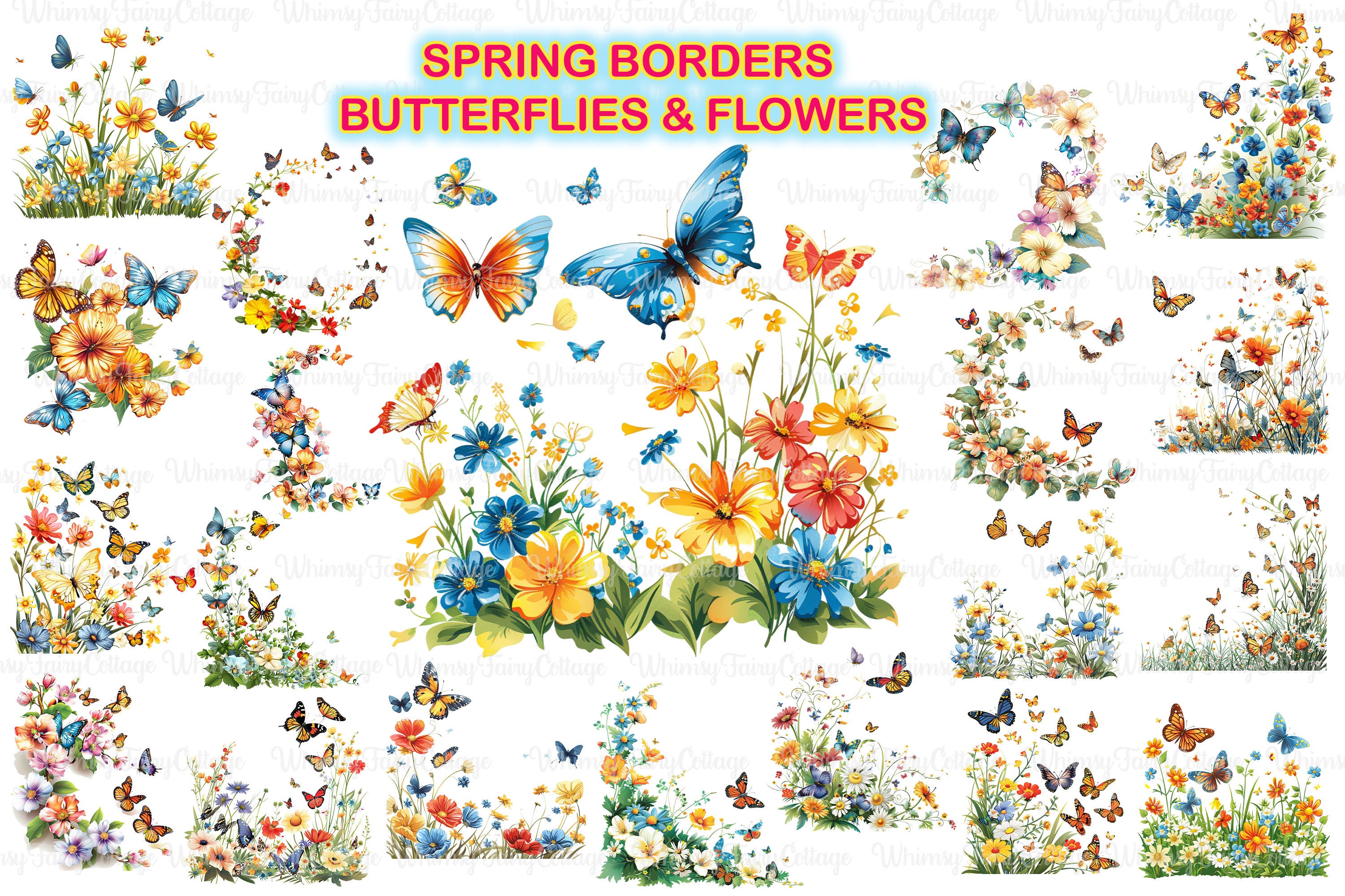 20 Spring Butterflies and Flowers Border Clipart PNG Transparent ...