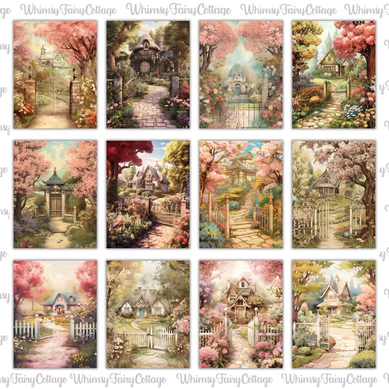 Gated Cottagecore Gardens Digital Paper, Cottage Garden Background ...