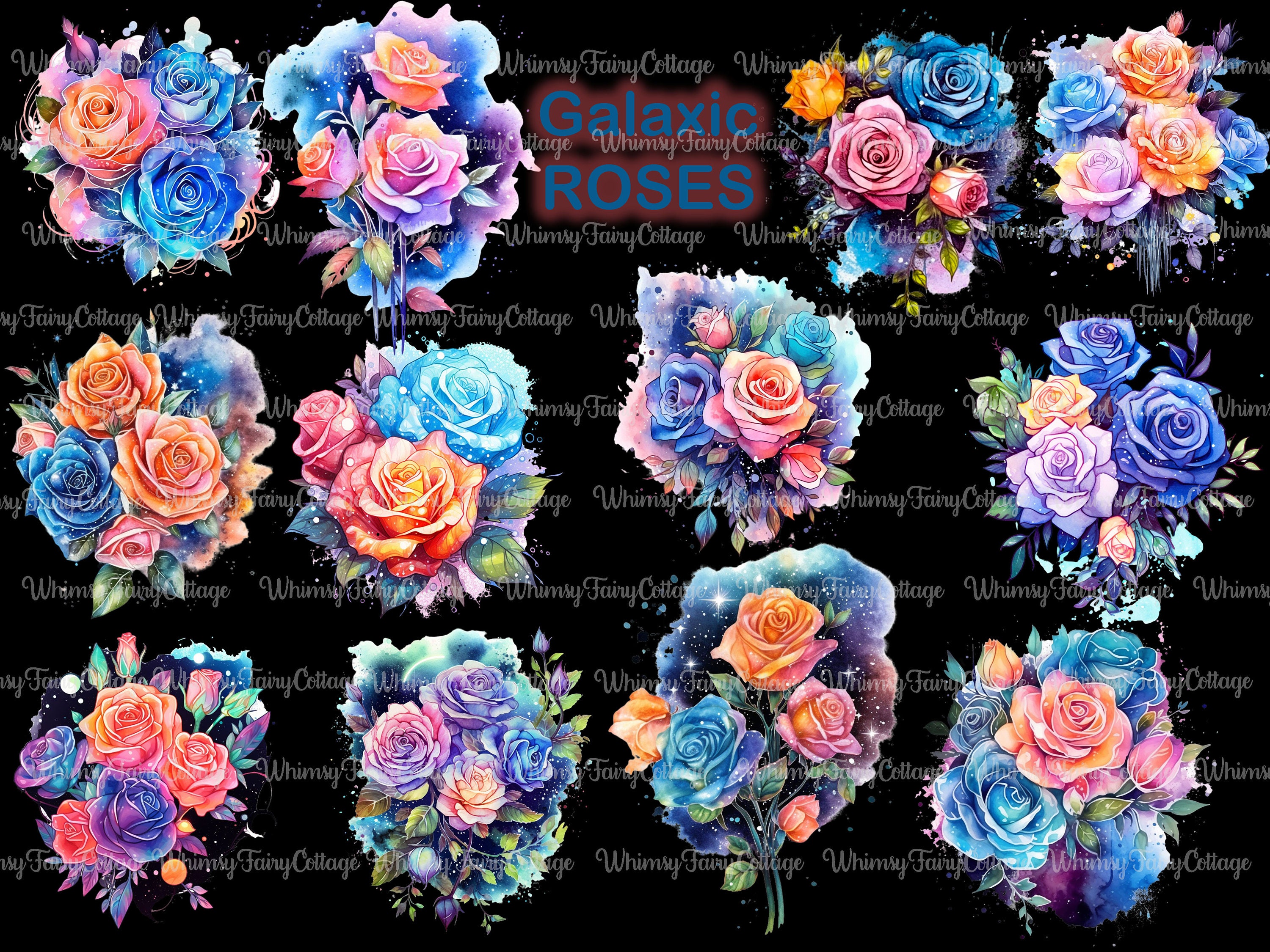 Galaxic Roses Bouquet Clipart, Cosmic Rainbow Roses PNG Cardmaking ...
