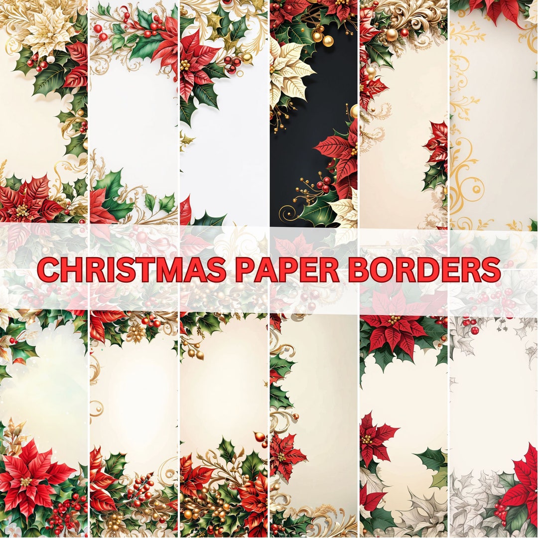 Elegant Christmas Borders Digital Paper, 8.5 X 11 Holiday Poinsettia ...