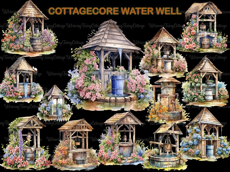 Cottagecore Water Well Clipart PNG Transparent, Flower Garden Water ...