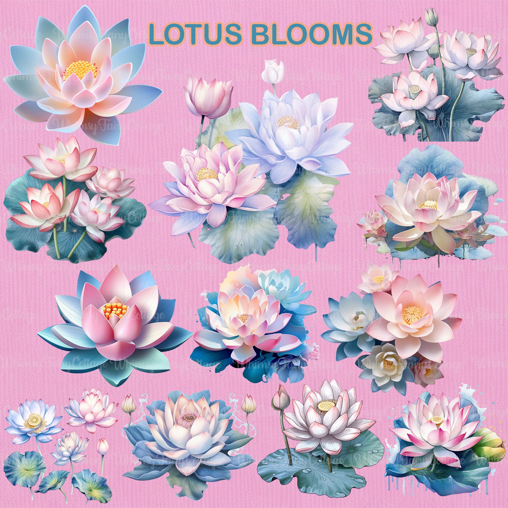 Lotus Blooms Clipart, Pastel Lotus Flowers PNG Cardmaking Background ...