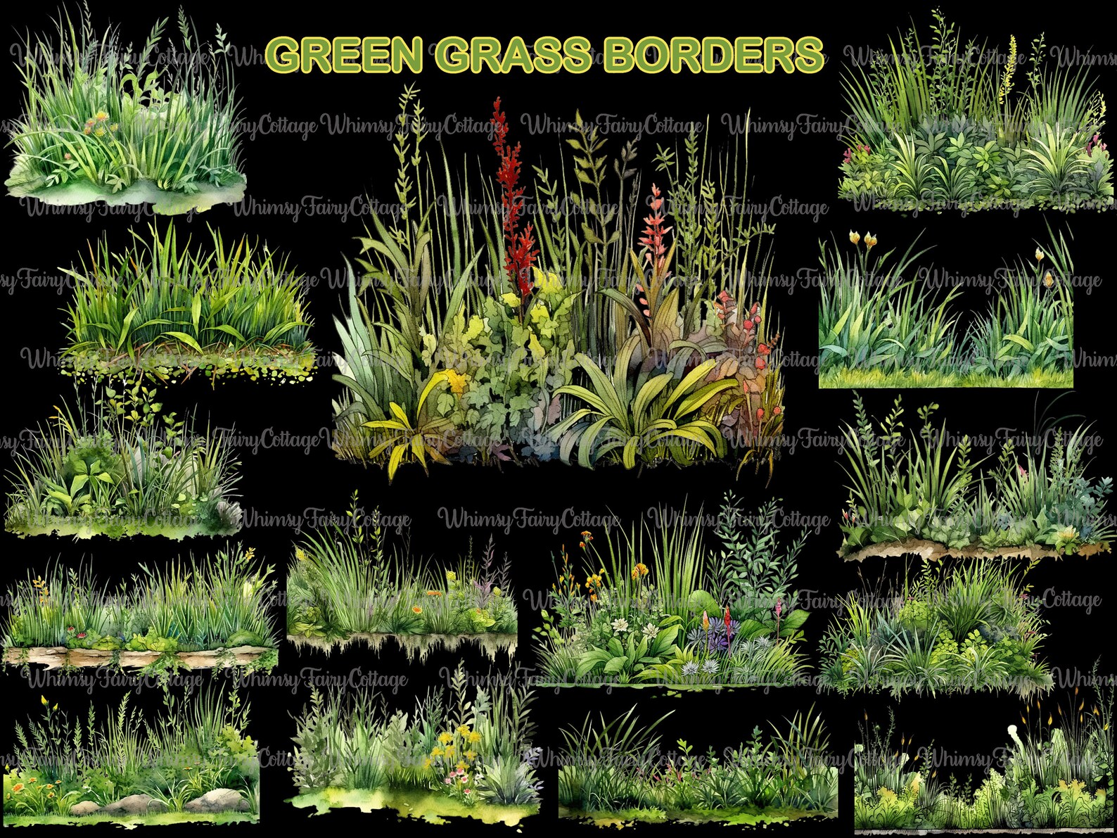 Green Grass Border Clipart, 15 Watercolor Tufted Hairgrass Border ...
