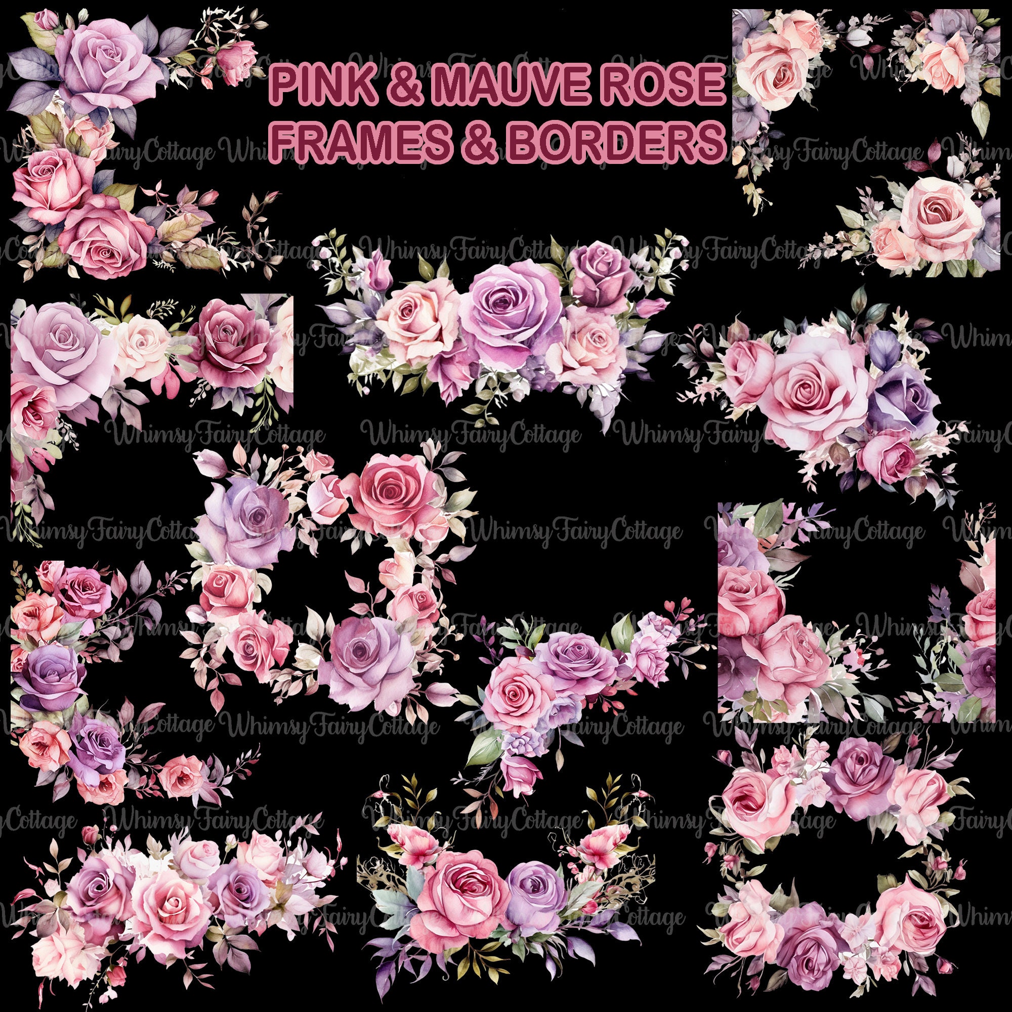 12 Pink and Mauve Rose Frames and Borders, Watercolor Cardmaking ...