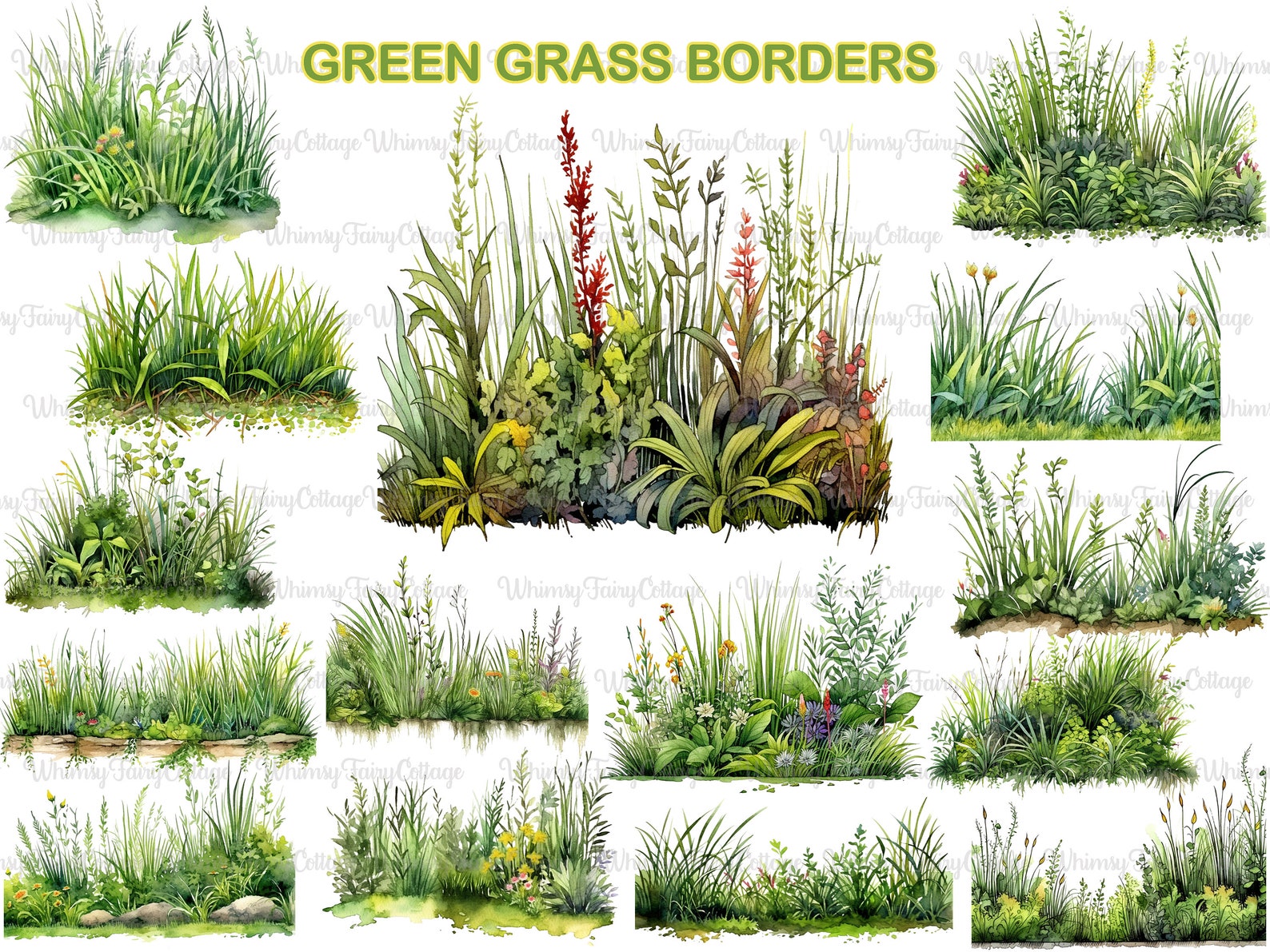 Green Grass Border Clipart, 15 Watercolor Tufted Hairgrass Border ...