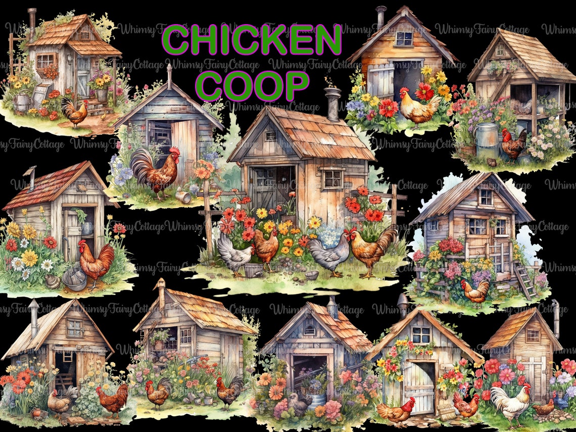 12 Watercolor Chicken Coop Clipart, Sublimation Chickens PNG, Farm ...