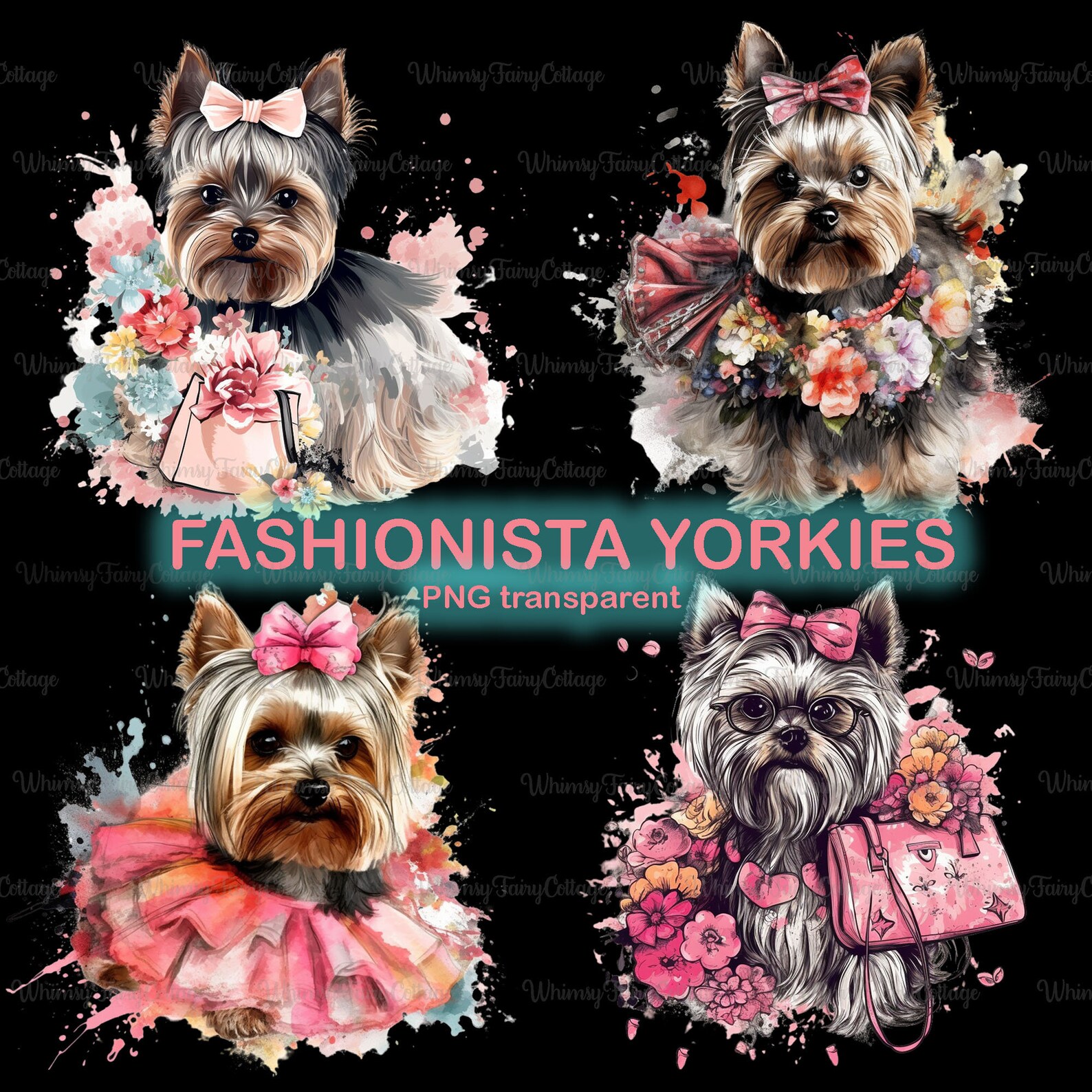 Watercolor Fashionista Yorkies Clipart PNG Transparent, Yorkshire ...