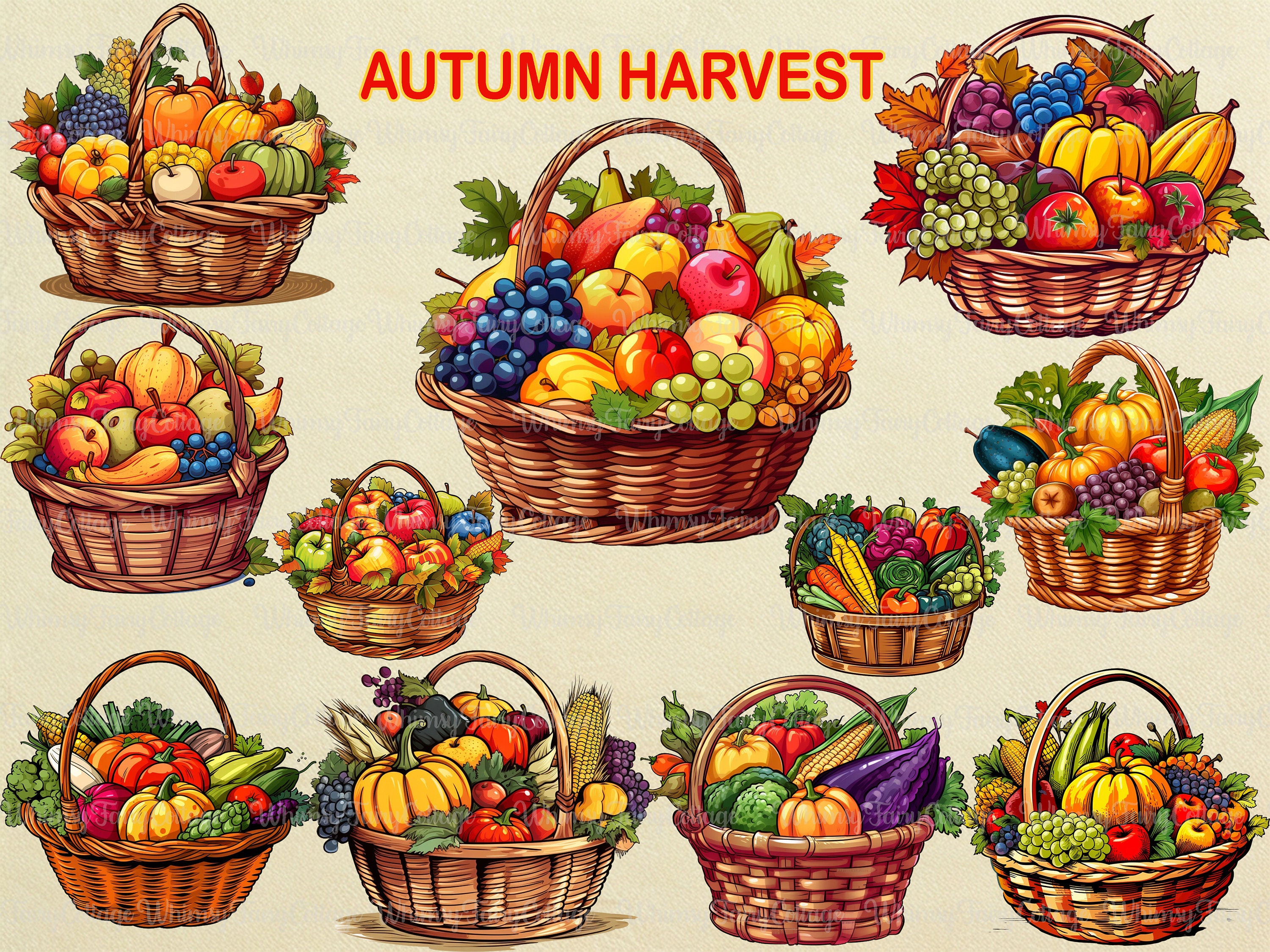 Autumn Basket Harvest Clipart 11 Fruits and Vegetable Baskets - Etsy