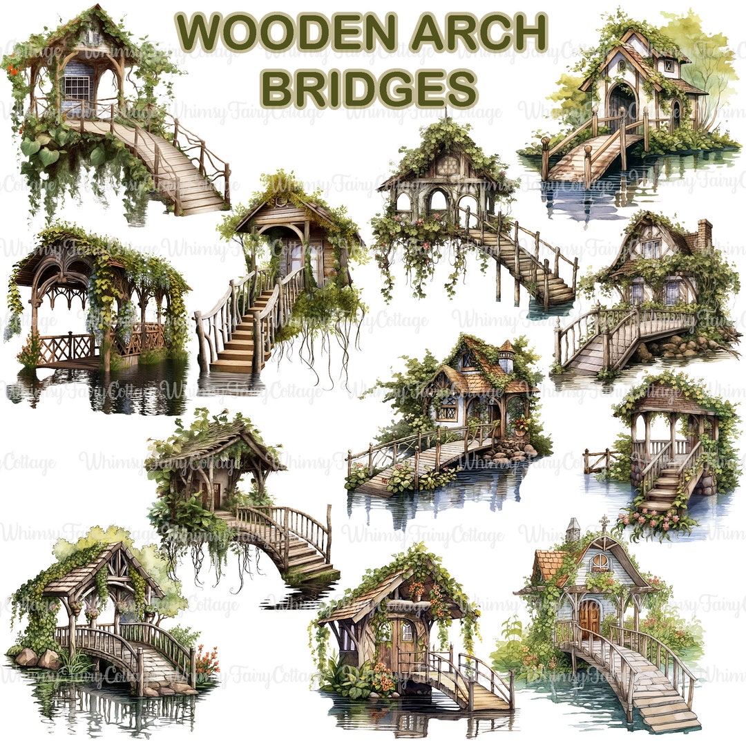 Wooden Arch Bridge Clipart, Green Vine Cottage-core Bridges PNG ...