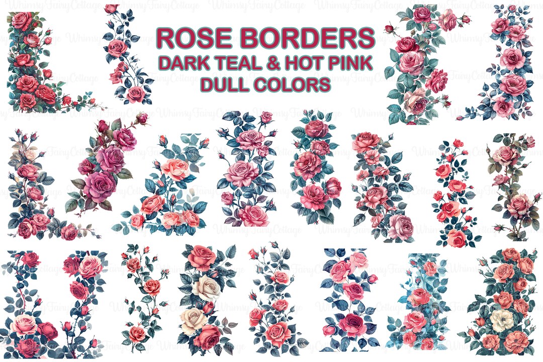 Rose Border Clipart PNG Transparent, Hot Pink and Dark Teal Dull Colors ...