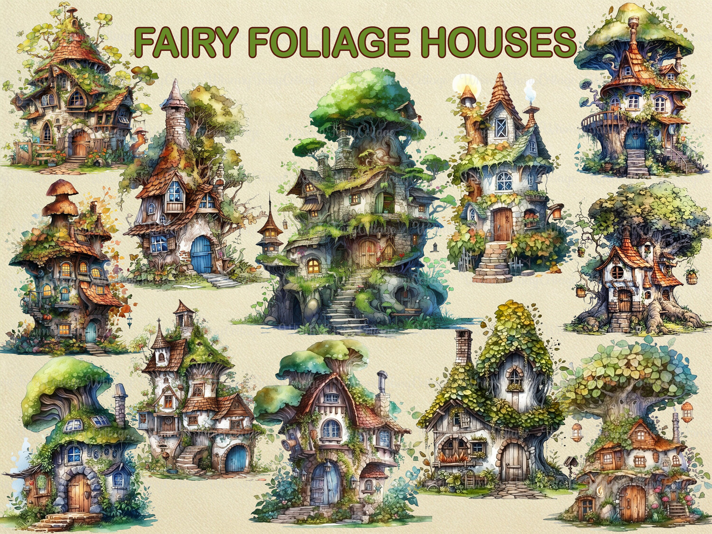 12 Watercolor Fairy Foliage House Clipart, PNG Whimsical Green Houses ...